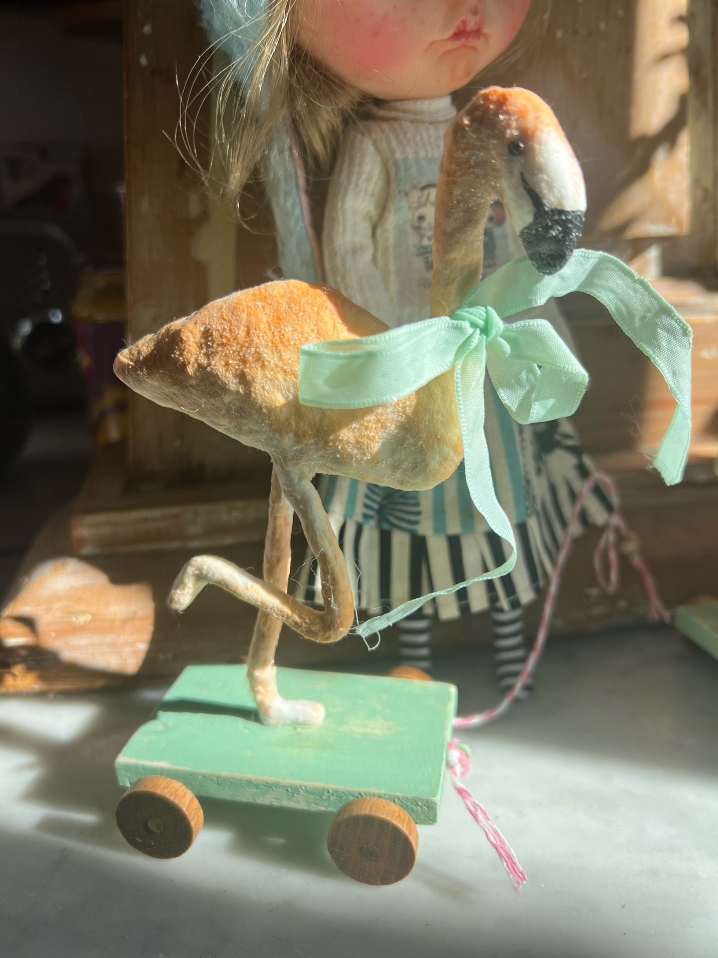 FLAMINGO Pull-toy - ooak by Ilaria Giostrella | Earth Angels Studios